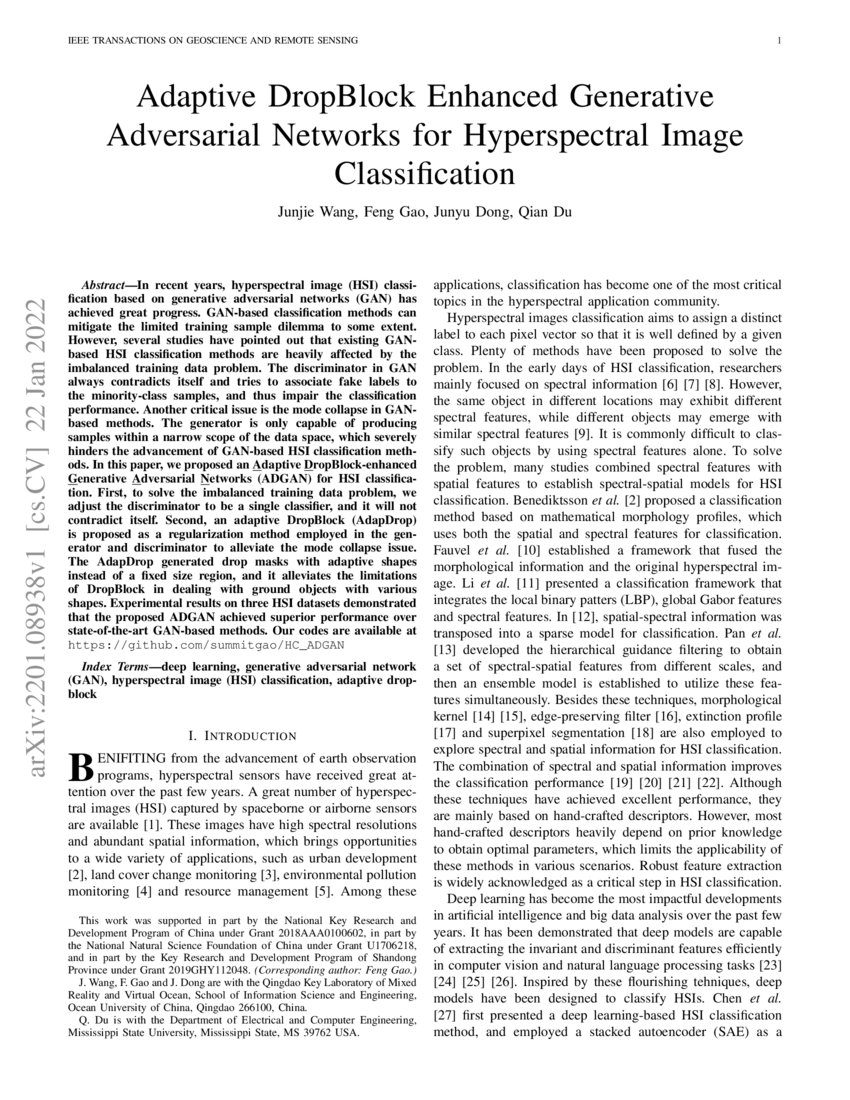 Adaptive DropBlock Enhanced Generative Adversarial Networks for Hyperspectral Image ...