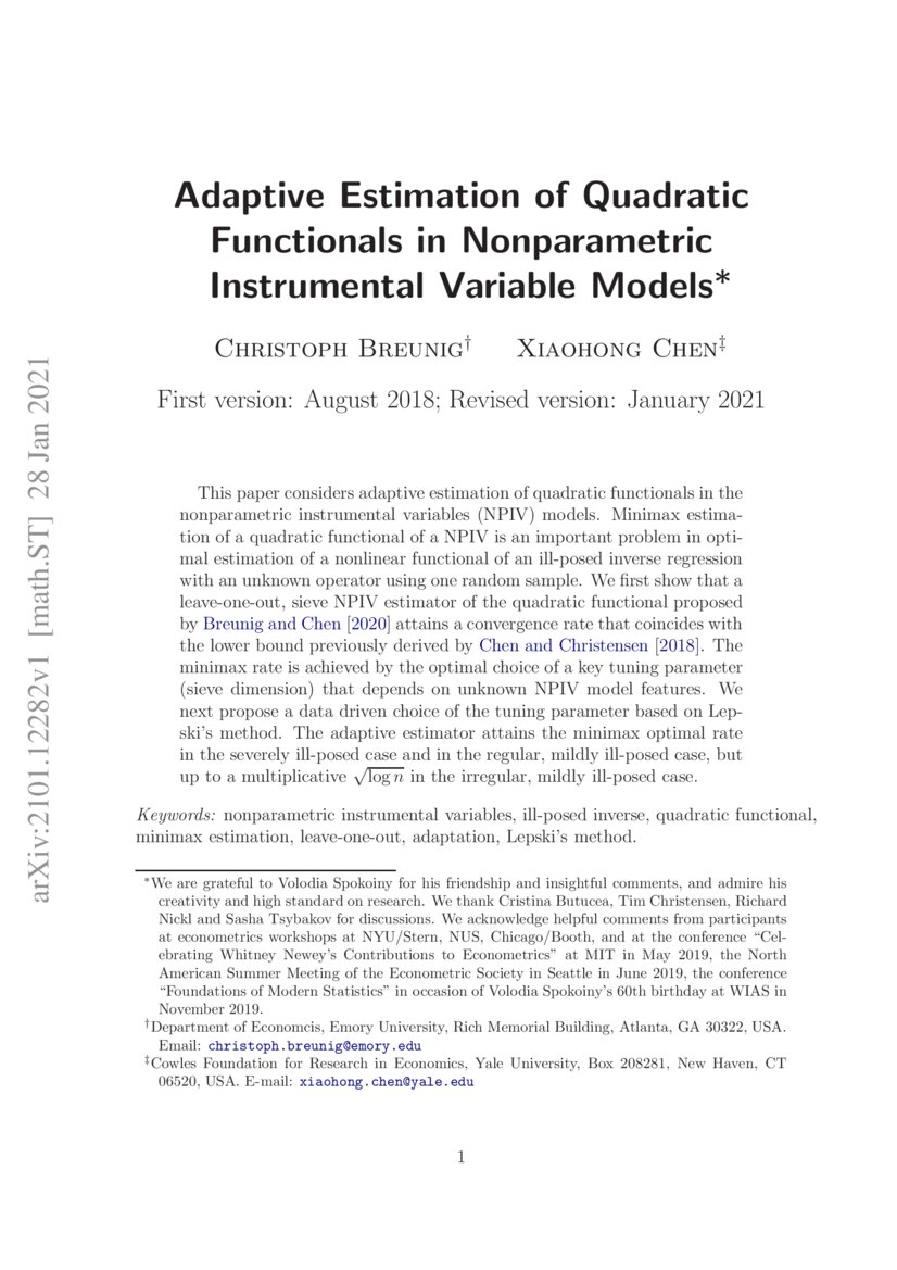 Adaptive Estimation Of Quadratic Functionals In Nonparametric Instrumental Variable Models Deepai