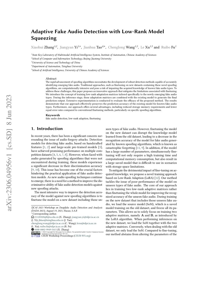Adaptive Fake Audio Detection With Low Rank Model Squeezing Deepai