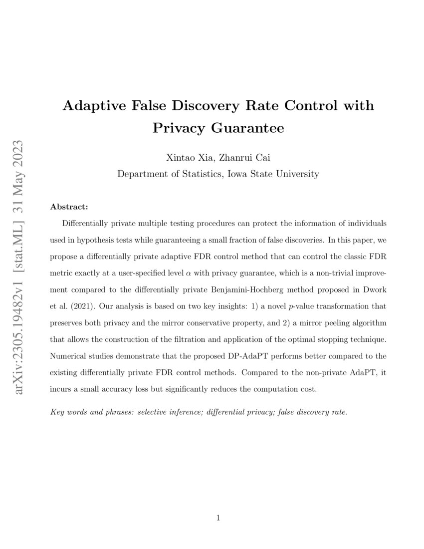 Adaptive False Discovery Rate Control With Privacy Guarantee Deepai