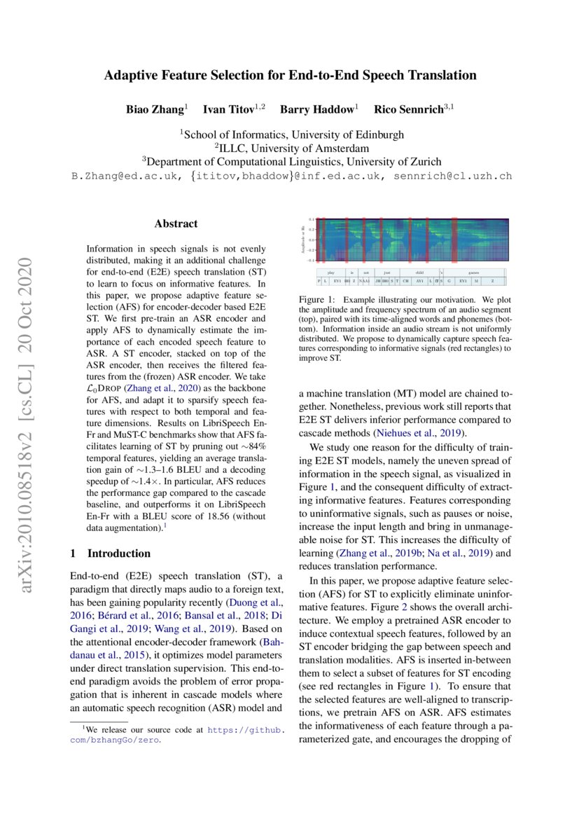 Adaptive Feature Selection for End-to-End Speech Translation | DeepAI