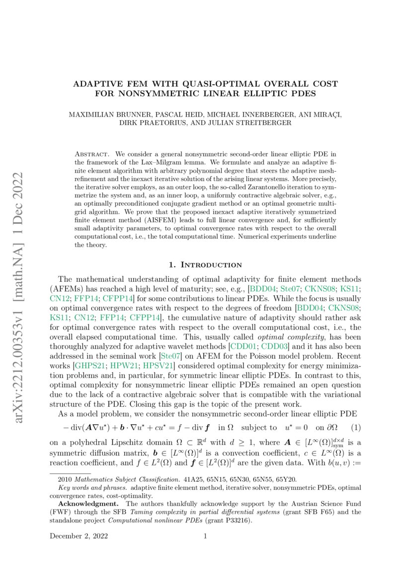 Adaptive Fem With Quasi Optimal Overall Cost For Nonsymmetric Linear Elliptic Pdes Deepai