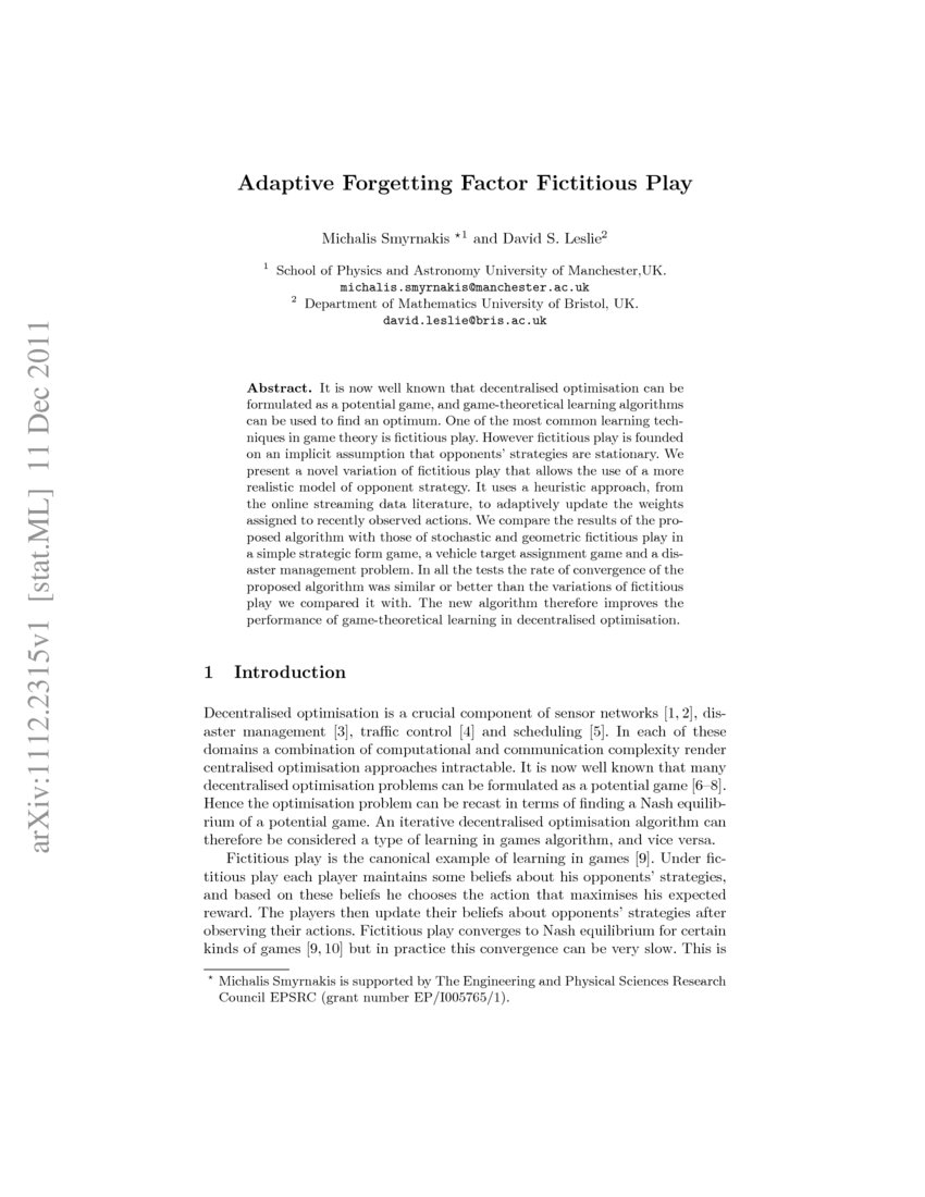 Adaptive Forgetting Factor Fictitious Play | DeepAI