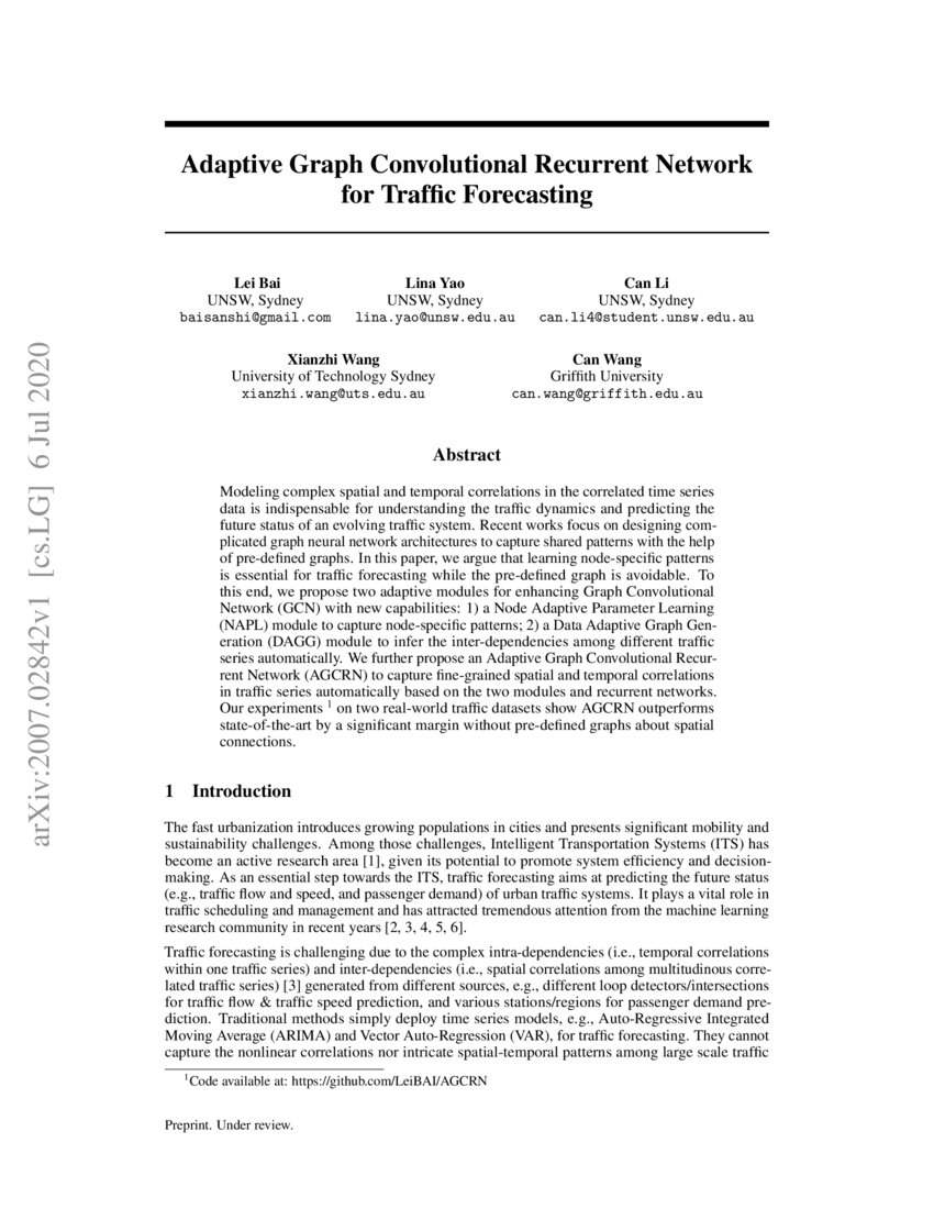 Adaptive Graph Convolutional Recurrent Network for Traffic Forecasting | DeepAI