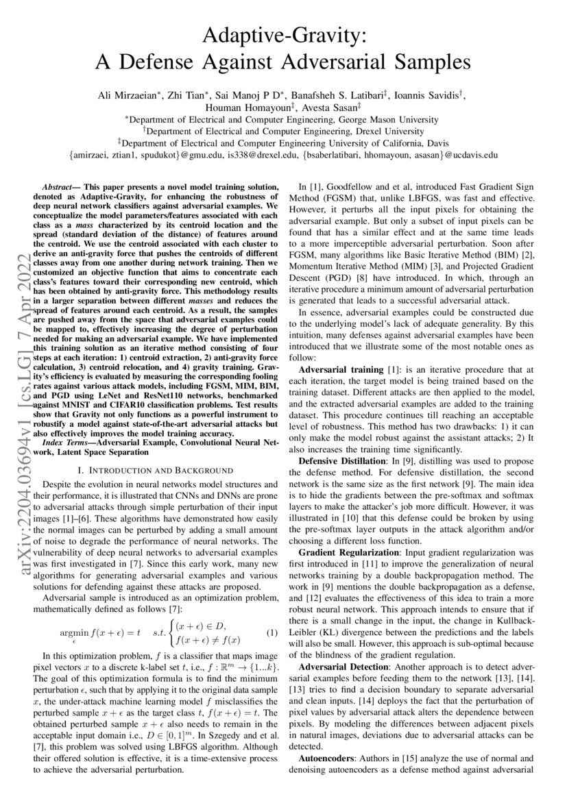 Adaptive-Gravity: A Defense Against Adversarial Samples | DeepAI