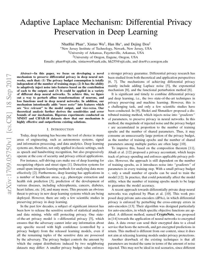 Adaptive Laplace Mechanism: Differential Privacy Preservation in Deep ...