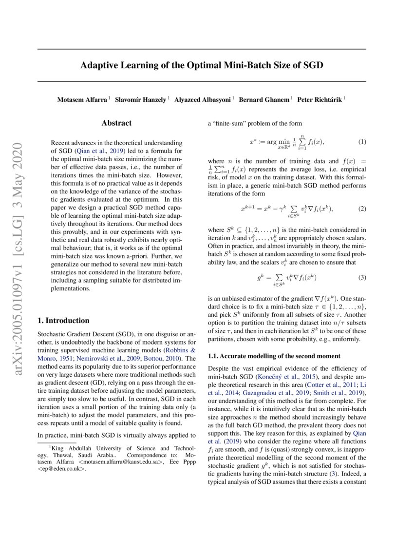 Adaptive Learning Of The Optimal Mini Batch Size Of Sgd Deepai 