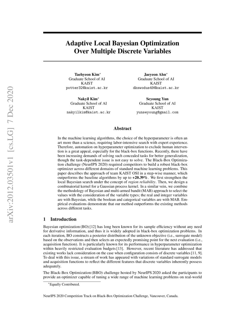 Adaptive Local Bayesian Optimization Over Multiple Discrete Variables