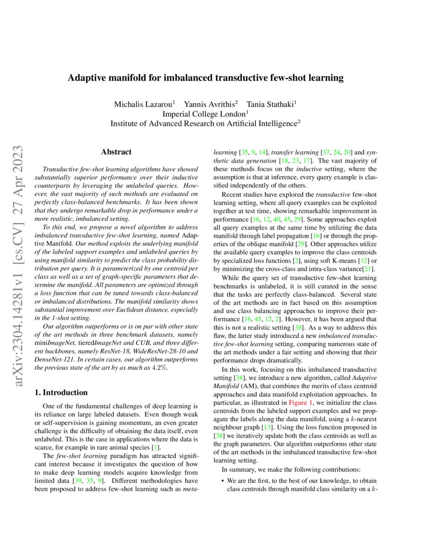 Adaptive manifold for imbalanced transductive few-shot learning | DeepAI Adaptive manifold for imbalanced transductive few-shot learning | DeepAI