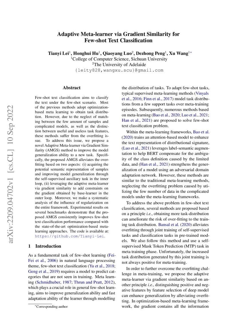 Adaptive Meta Learner Via Gradient Similarity For Few Shot Text