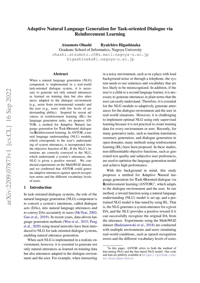 Adaptive Natural Language Generation for Task-oriented Dialogue via ... Adaptive Natural Language Generation for Task-oriented Dialogue via ...