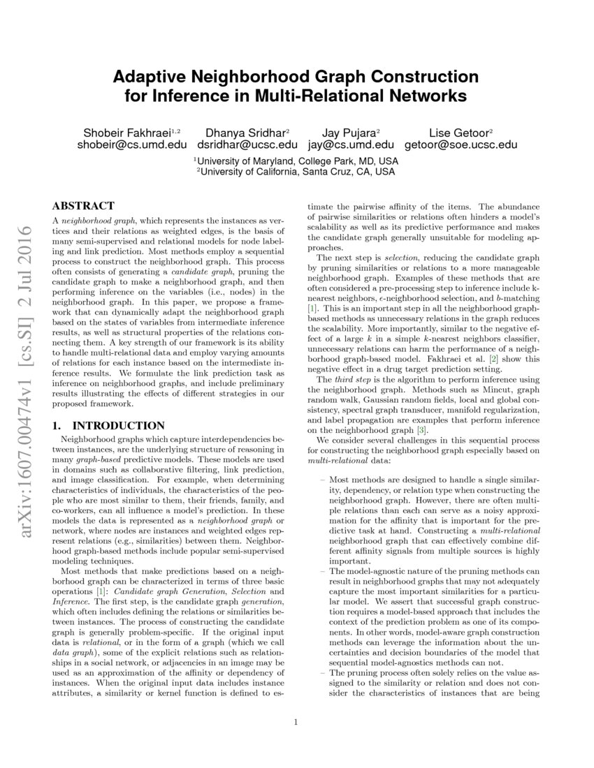 Adaptive Neighborhood Graph Construction for Inference in Multi-Relational Networks | DeepAI