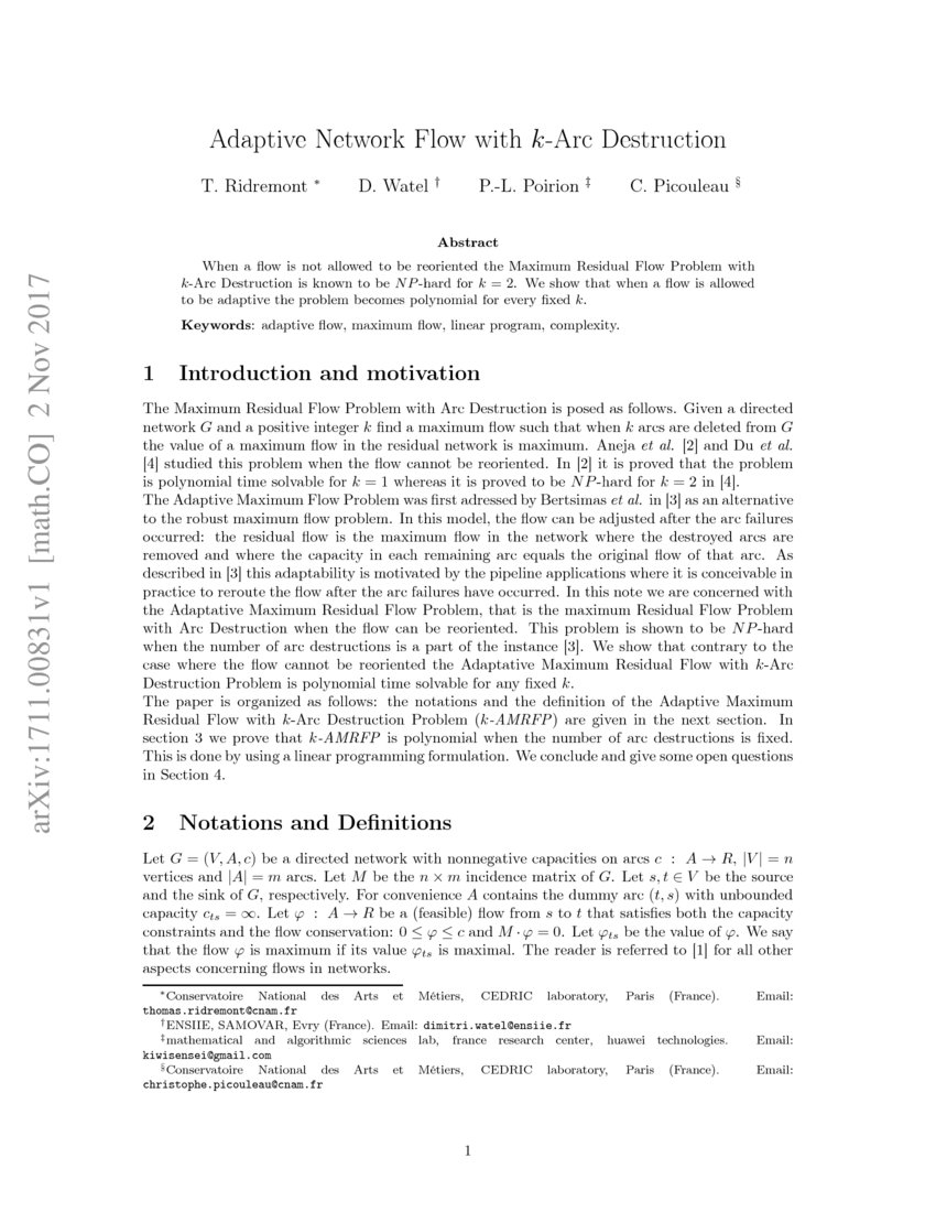 Adaptive Network Flow with k-Arc Destruction | DeepAI