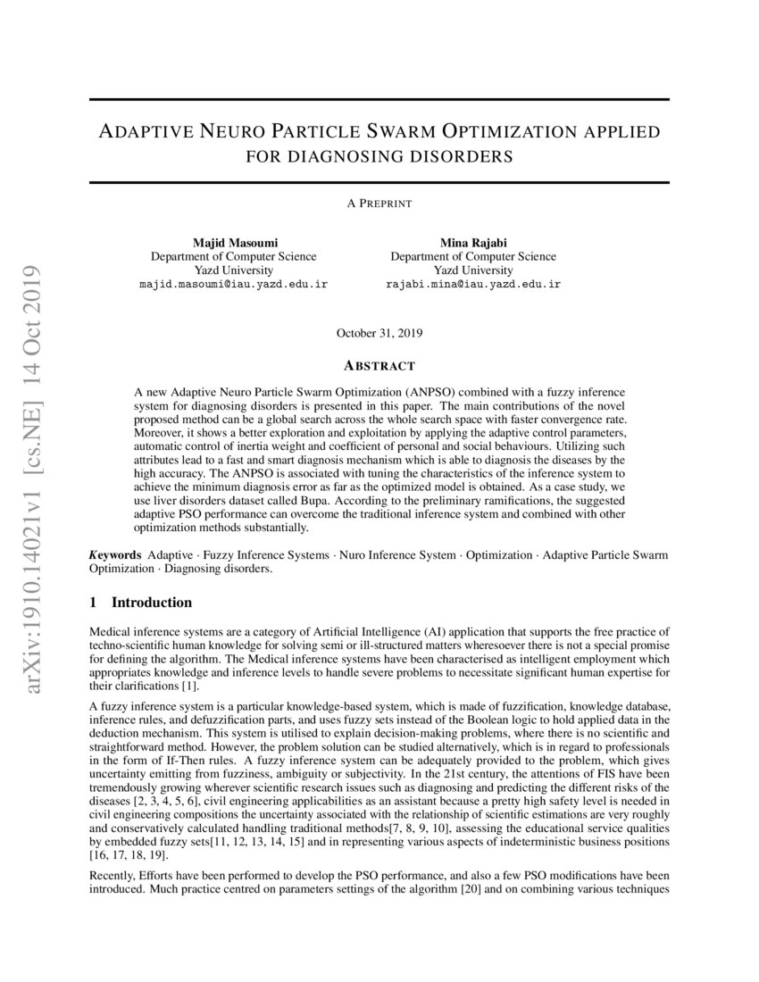 Adaptive Neuro Particle Swarm Optimization applied for diagnosing disorders | DeepAI