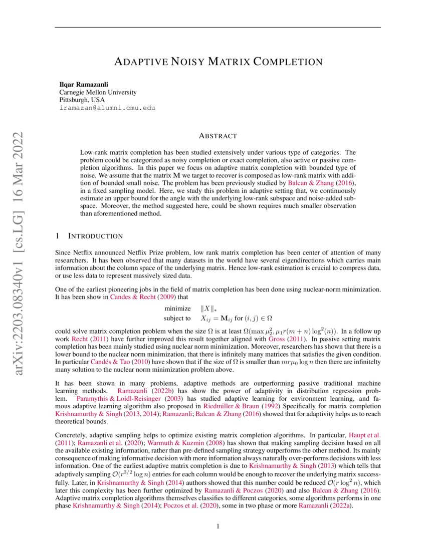 Adaptive Noisy Matrix Completion | DeepAI