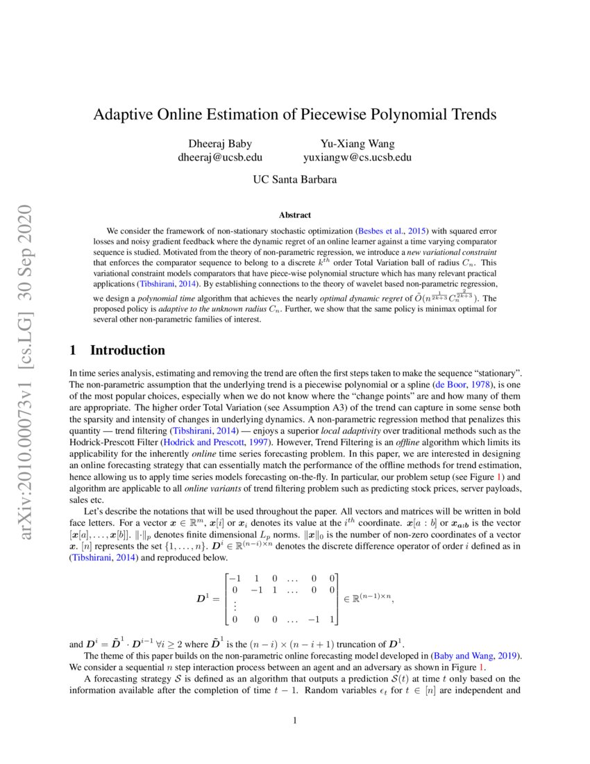Adaptive Online Estimation of Piecewise Polynomial Trends | DeepAI