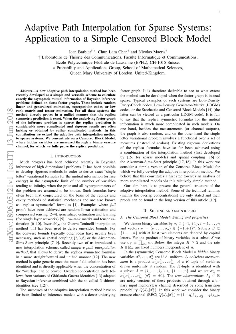 Adaptive Path Interpolation for Sparse Systems: Application to a Simple Censored Block Model ...