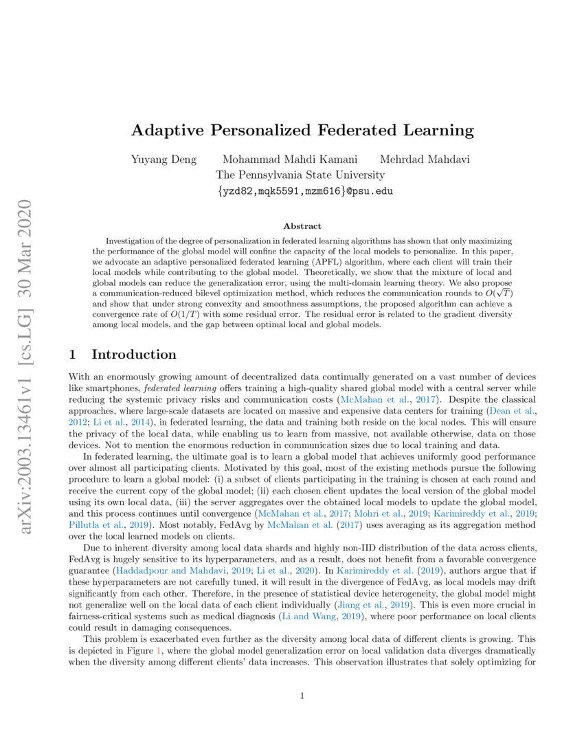Adaptive Personalized Federated Learning | DeepAI