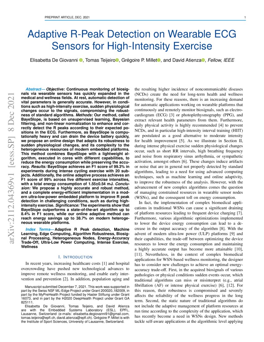 Adaptive R-Peak Detection on Wearable ECG Sensors for High-Intensity Exercise | DeepAI