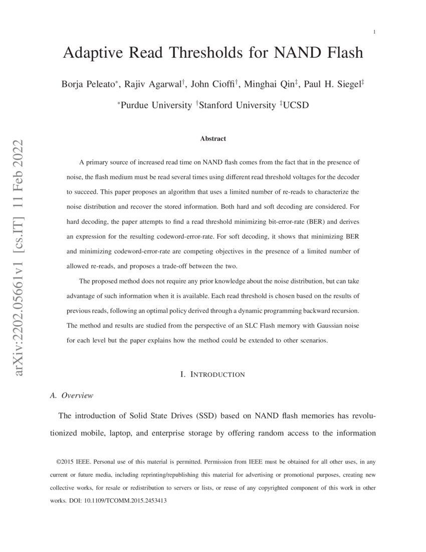 Adaptive Read Thresholds for NAND Flash | DeepAI
