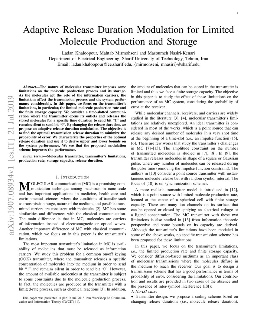 Adaptive Release Duration Modulation for Limited Molecule Production and Storage | DeepAI