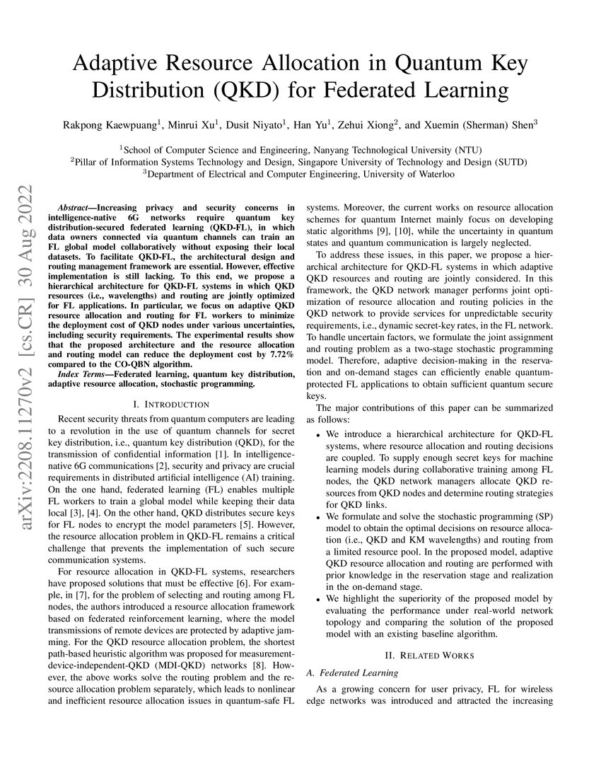 Adaptive Resource Allocation In Quantum Key Distribution Qkd For Federated Learning Deepai