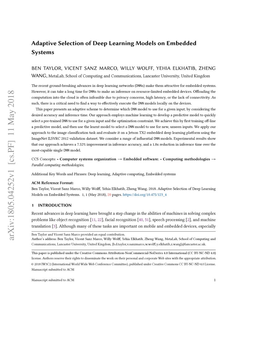 Adaptive Selection Of Deep Learning Models On Embedded Systems Deepai