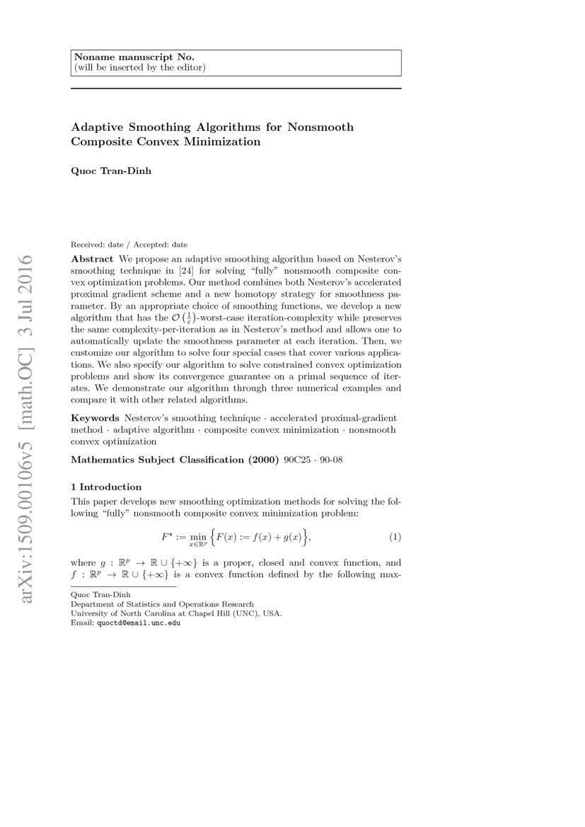Adaptive Smoothing Algorithms For Nonsmooth Composite Convex Minimization Deepai