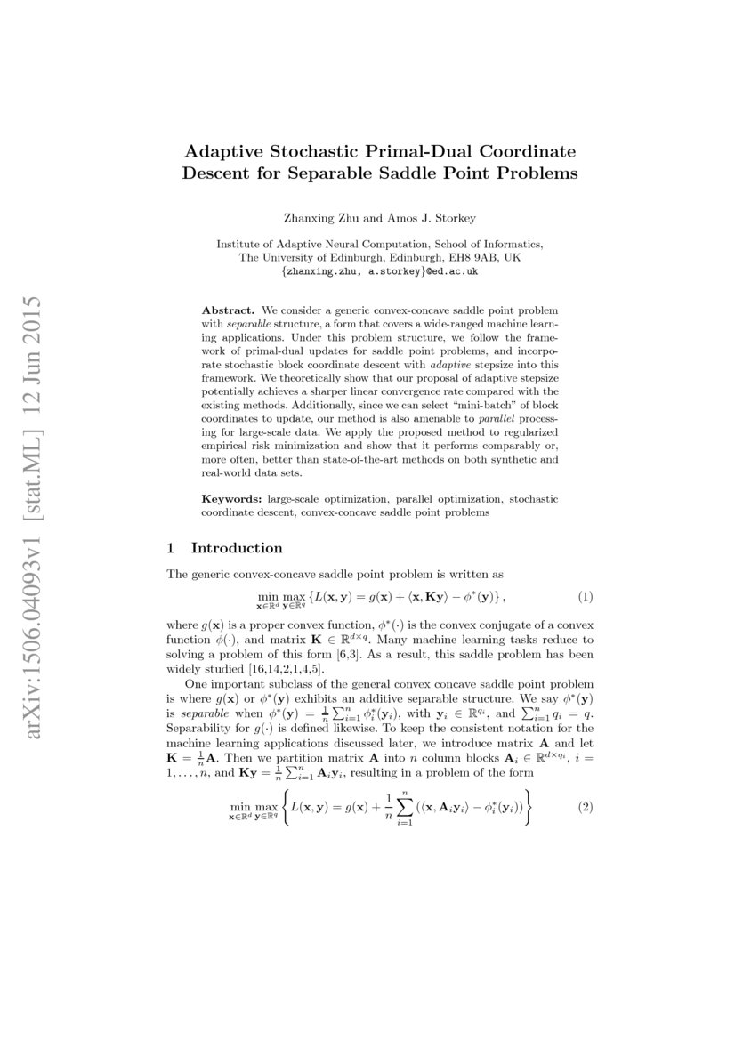 Adaptive Stochastic Primal Dual Coordinate Descent For Separable Saddle Point Problems Deepai