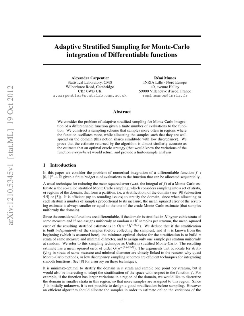 Adaptive Stratified Sampling For Monte Carlo Integration Of