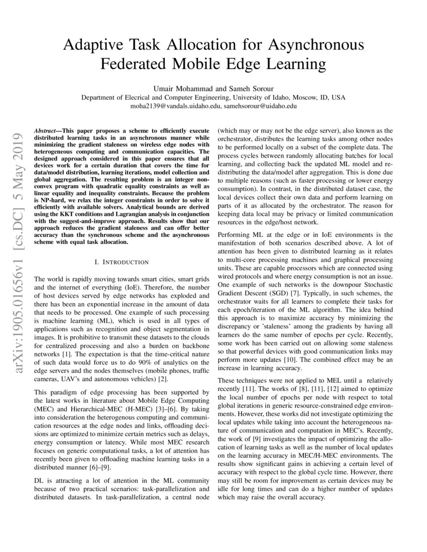 Adaptive Task Allocation For Asynchronous Federated Mobile Edge Learning Deepai 