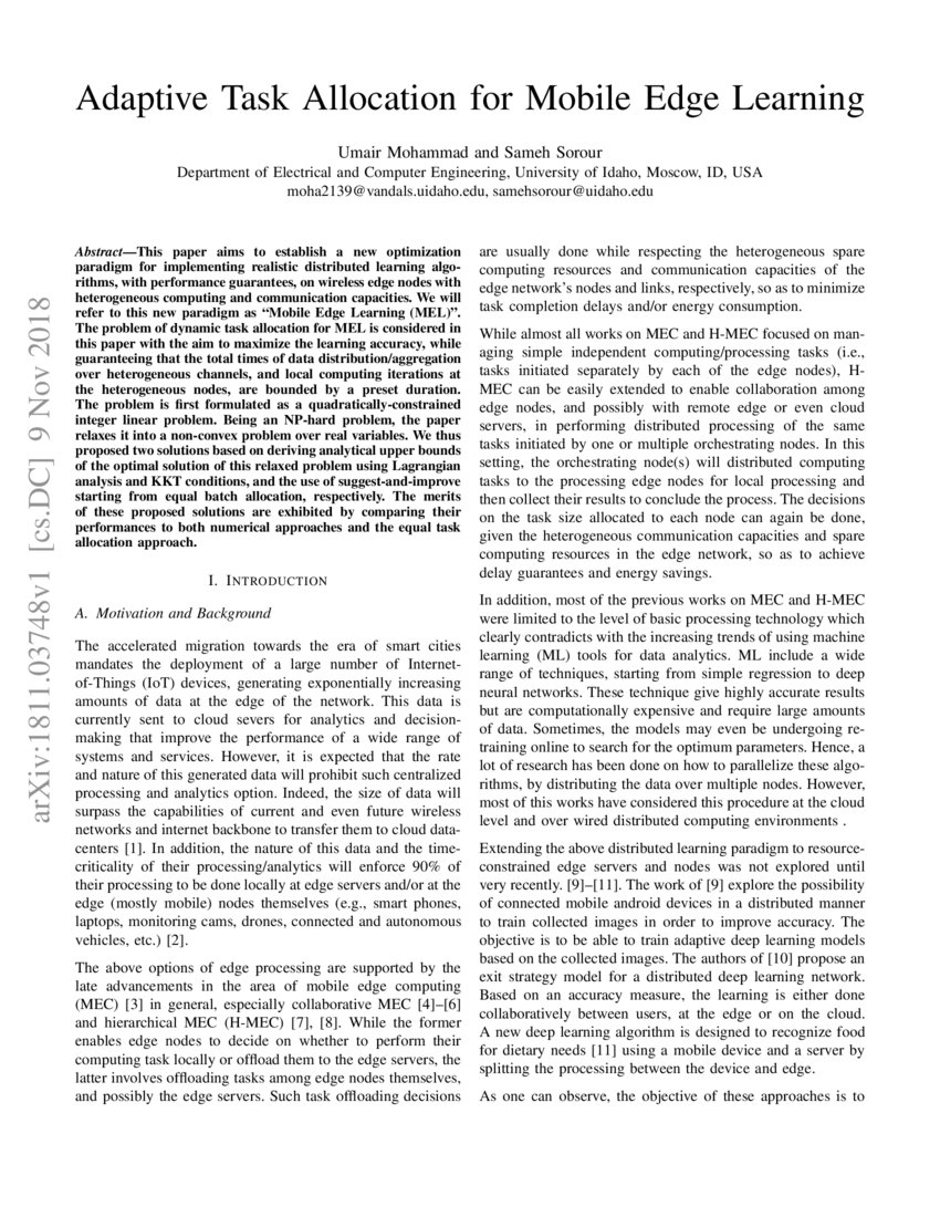 Adaptive Task Allocation for Mobile Edge Learning | DeepAI