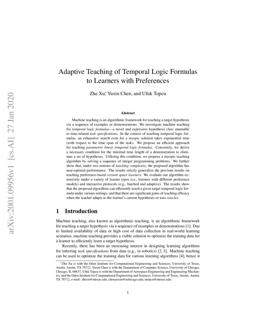 Adaptive Teaching Of Temporal Logic Formulas To Learners With Preferences Deepai