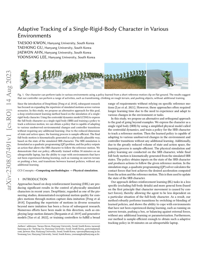 Adaptive Tracking of a Single-Rigid-Body Character in Various Environments | DeepAI