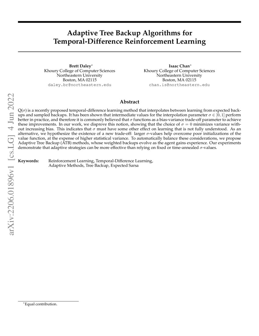 Adaptive Tree Backup Algorithms for Temporal-Difference Reinforcement Learning | DeepAI
