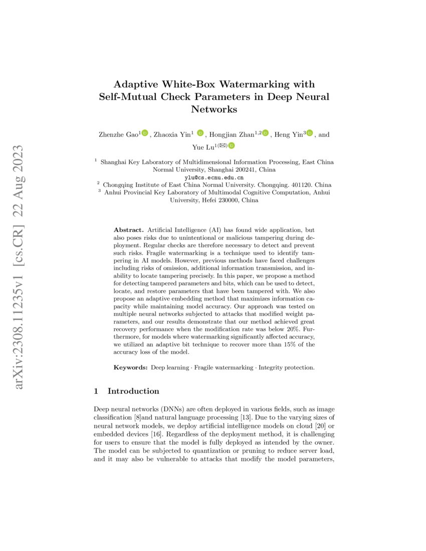 Adaptive White-Box Watermarking with Self-Mutual Check Parameters in Deep Neural Networks | DeepAI