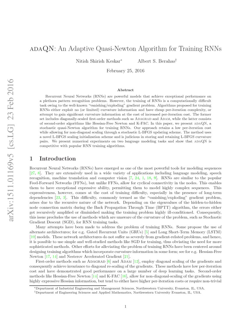 Adaqn An Adaptive Quasi Newton Algorithm For Training Rnns Deepai 