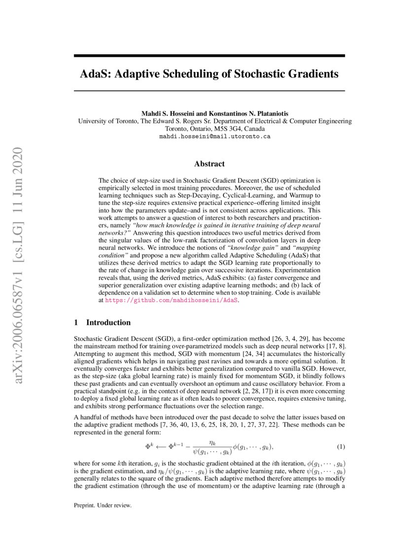 AdaS: Adaptive Scheduling of Stochastic Gradients | DeepAI