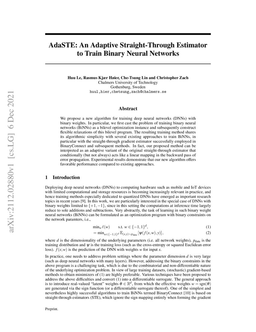 AdaSTE: An Adaptive Straight-Through Estimator to Train Binary Neural Networks | DeepAI