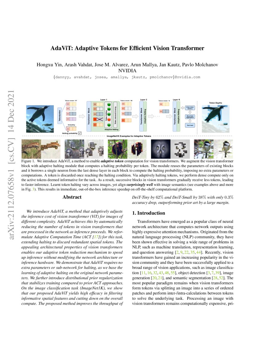 AdaViT: Adaptive Tokens for Efficient Vision Transformer | DeepAI