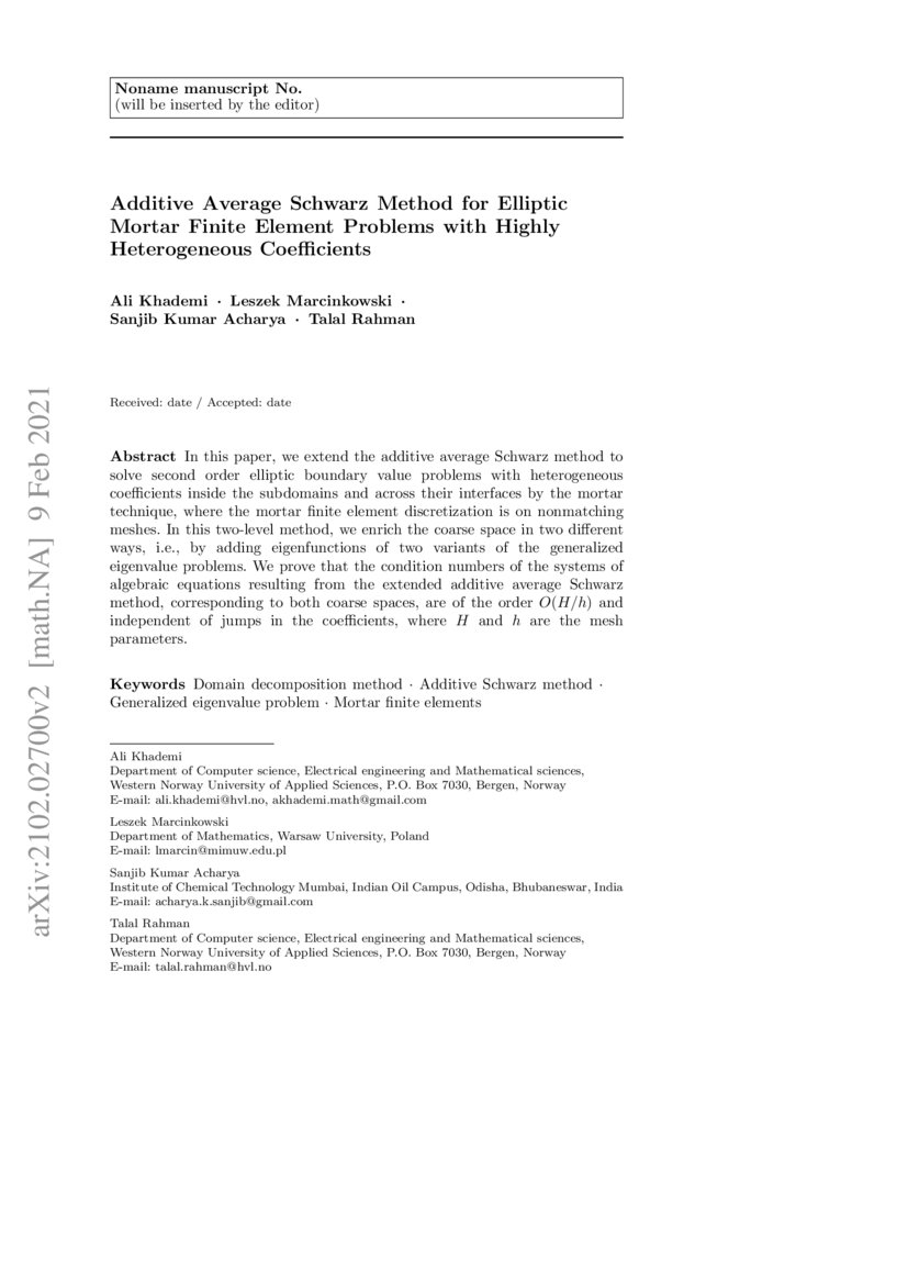 Additive Average Schwarz Method for Elliptic Mortar Finite Element Problems with Highly ...