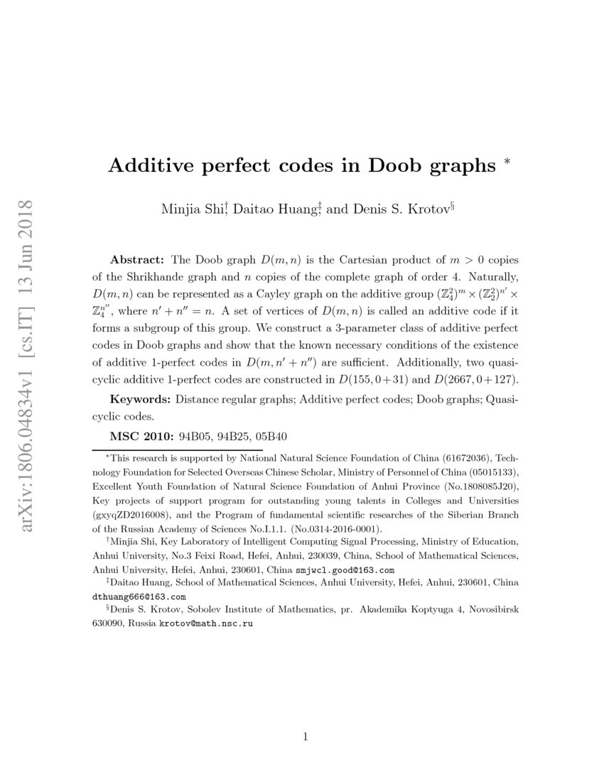 Additive perfect codes in Doob graphs | DeepAI