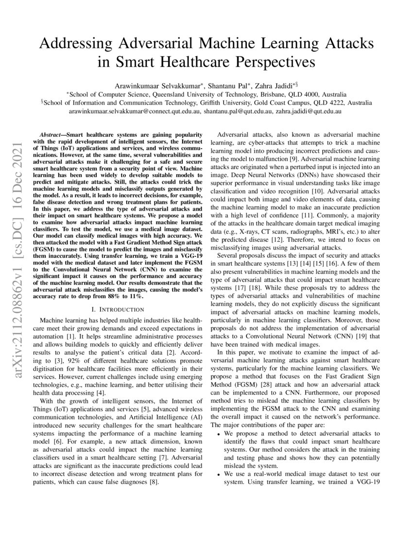 Addressing Adversarial Machine Learning Attacks in Smart Healthcare ...