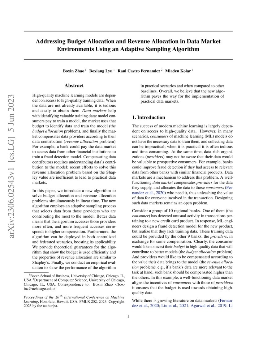 Addressing Budget Allocation and Revenue Allocation in Data Market Environments Using an ...