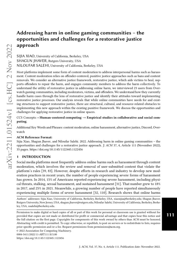 Addressing harm in online gaming communities – the opportunities and challenges for a ...