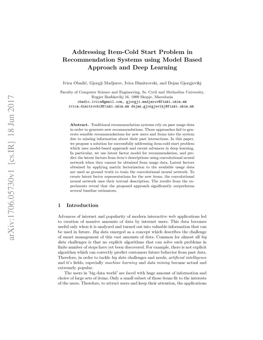 Addressing Item Cold Start Problem In Recommendation Systems Using