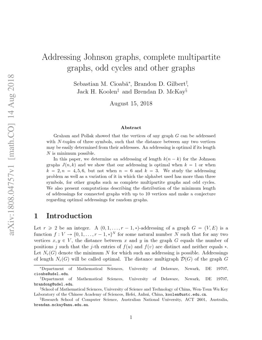 Addressing Johnson graphs, complete multipartite graphs, odd cycles and other graphs | DeepAI