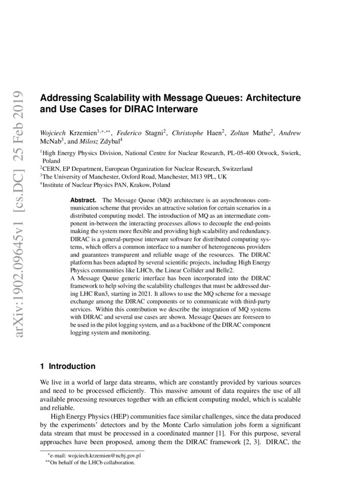 Addressing Scalability with Message Queues: Architecture and Use Cases for DIRAC Interware | DeepAI