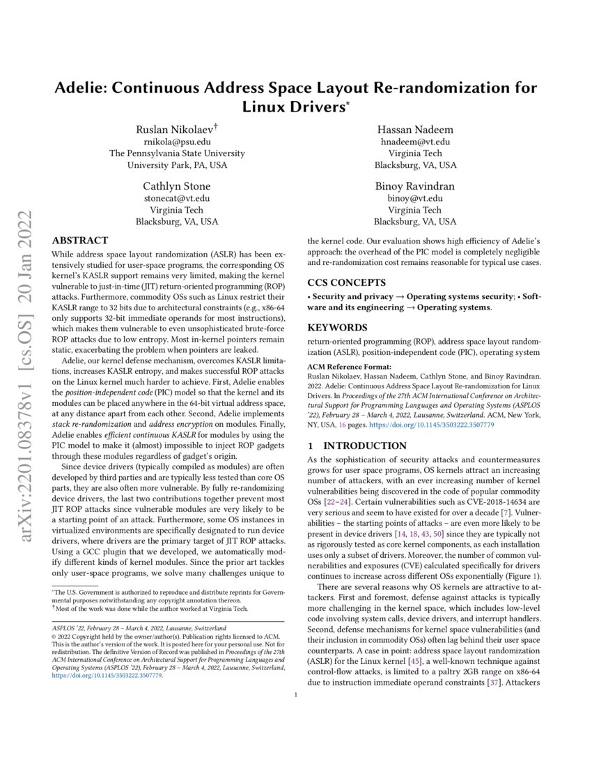 Adelie: Continuous Address Space Layout Re-randomization for Linux ...