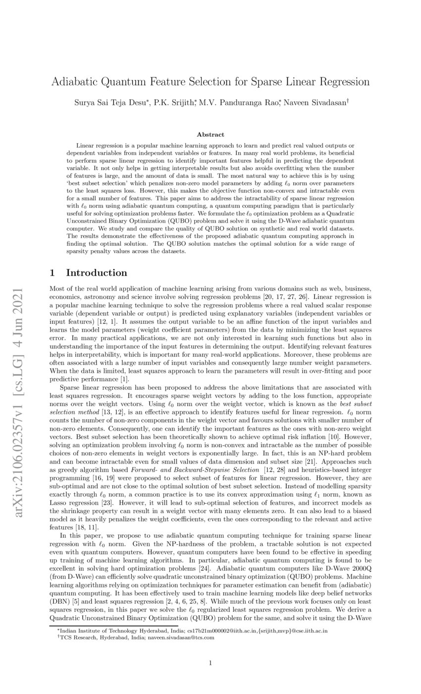 Adiabatic Quantum Feature Selection for Sparse Linear Regression | DeepAI